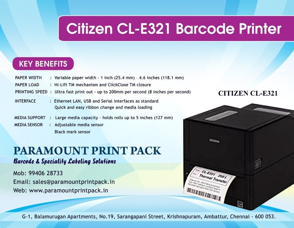Citizen Cl E321 Barcode Label Printer, Print Speed: 8 Inches Per Second ...